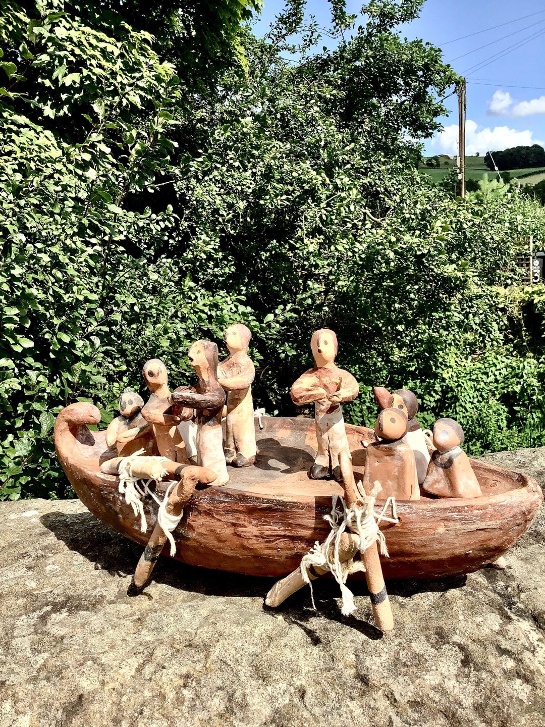 A Large Folk Art Terracotta Clay Boat Sculpture With 9 Figures / Studio ...