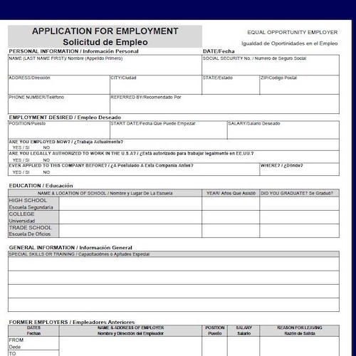 Application for Employment Bilingual English/spanish - Etsy