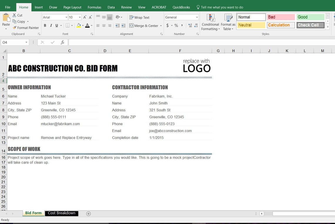 Construction Bid & Project Form (microsoft Excel Template) - Etsy