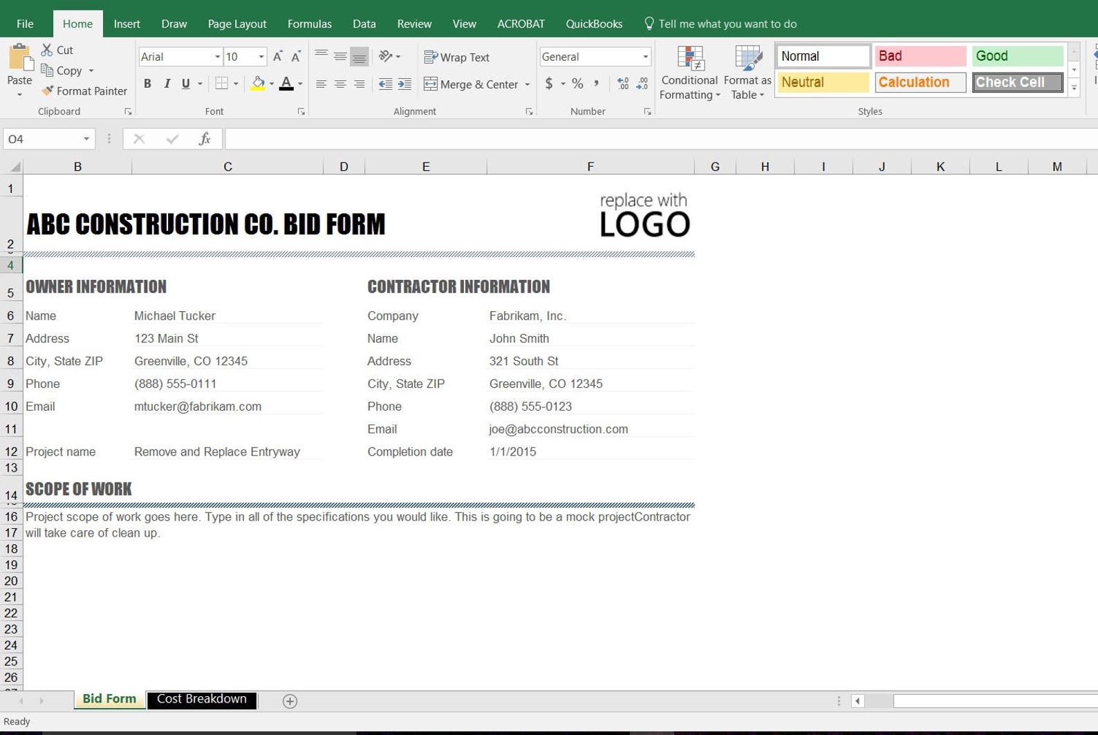 Construction Bid & Project Form (microsoft Excel Template) - Etsy