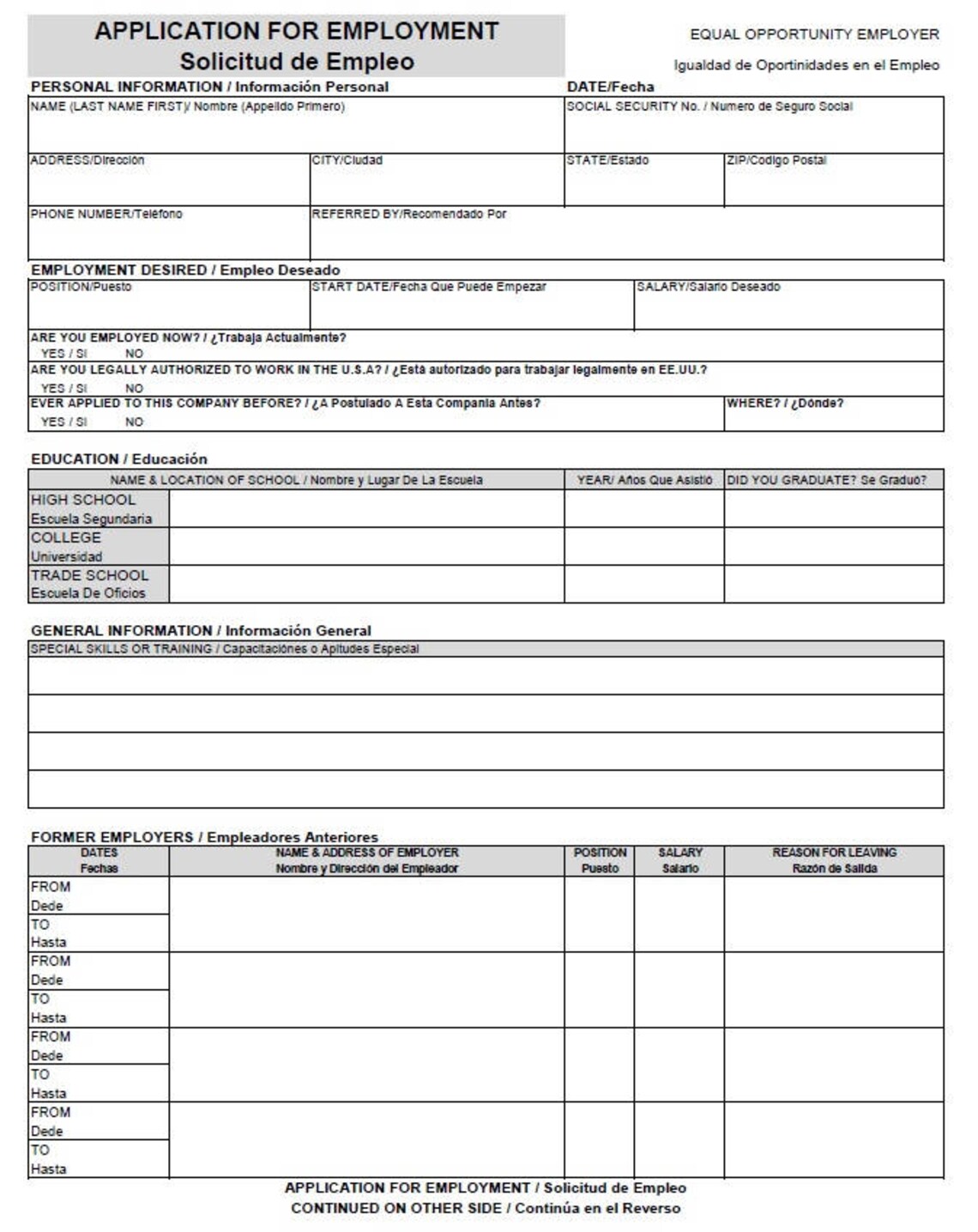 Application for Employment Bilingual English/spanish - Etsy