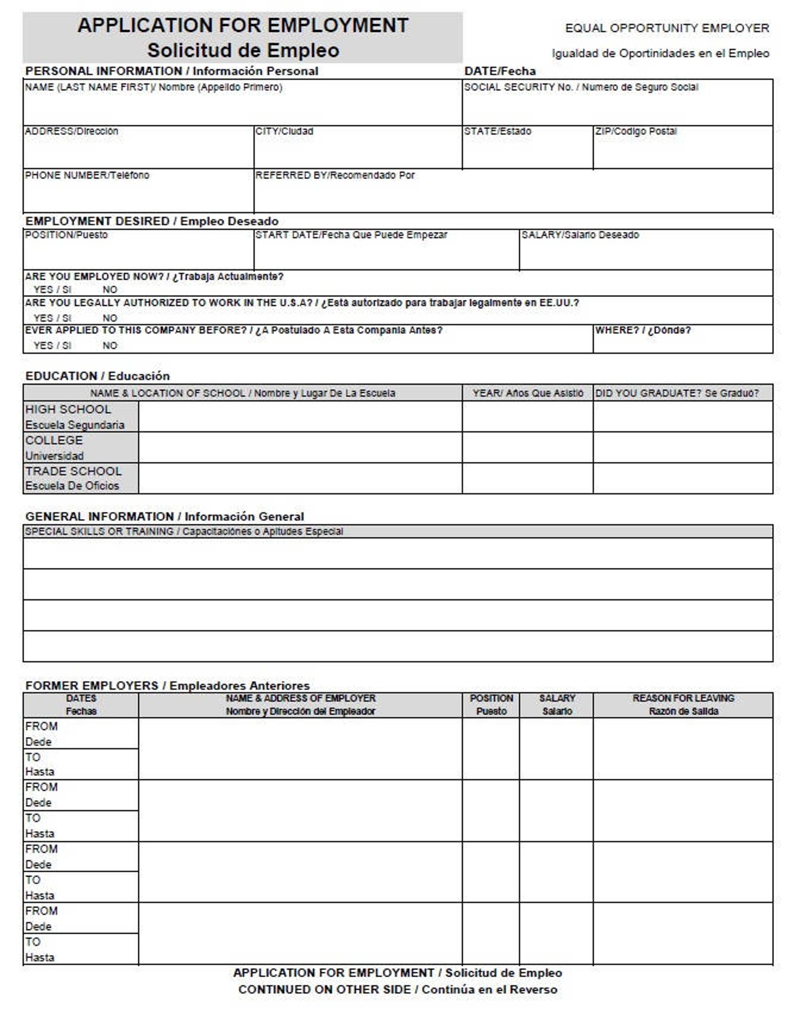 Application for Employment - Bilingual English/spanish - Etsy
