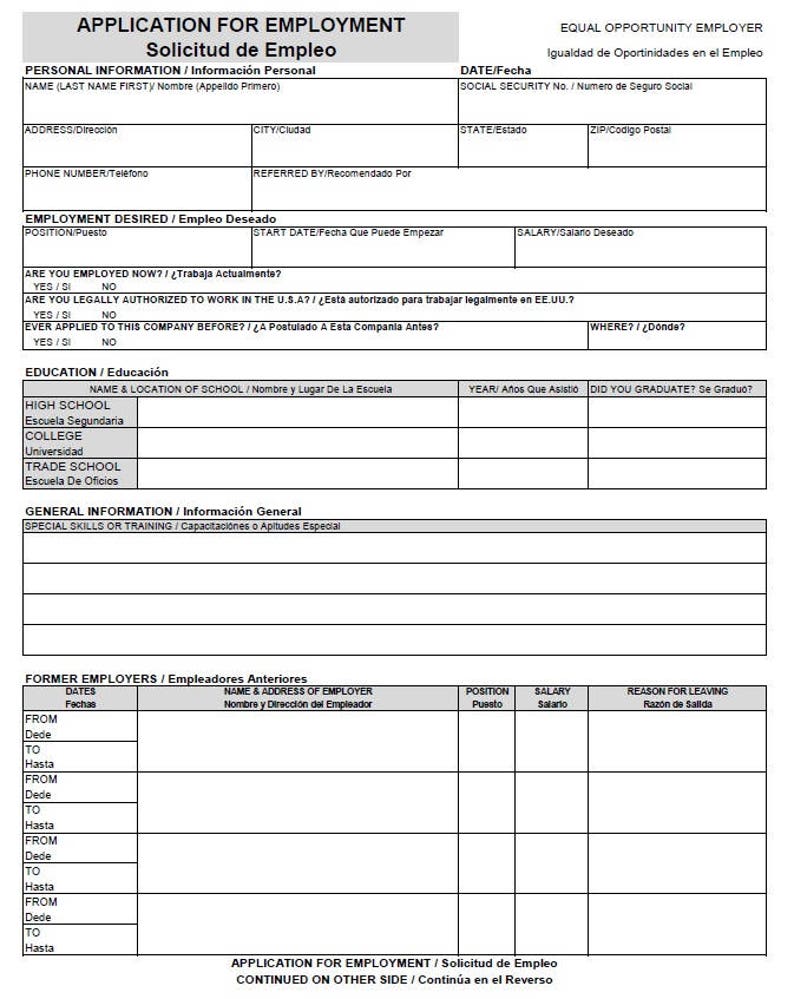 Application for Employment Bilingual English/spanish - Etsy