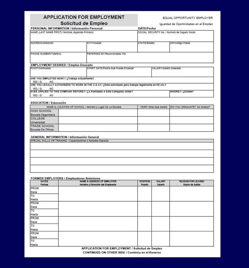 Application for Employment Bilingual English/spanish - Etsy Israel