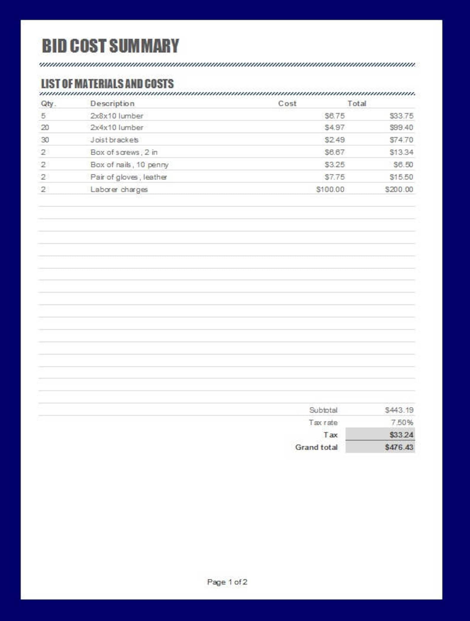 Construction Bid & Project Form (microsoft Excel Template) - Etsy