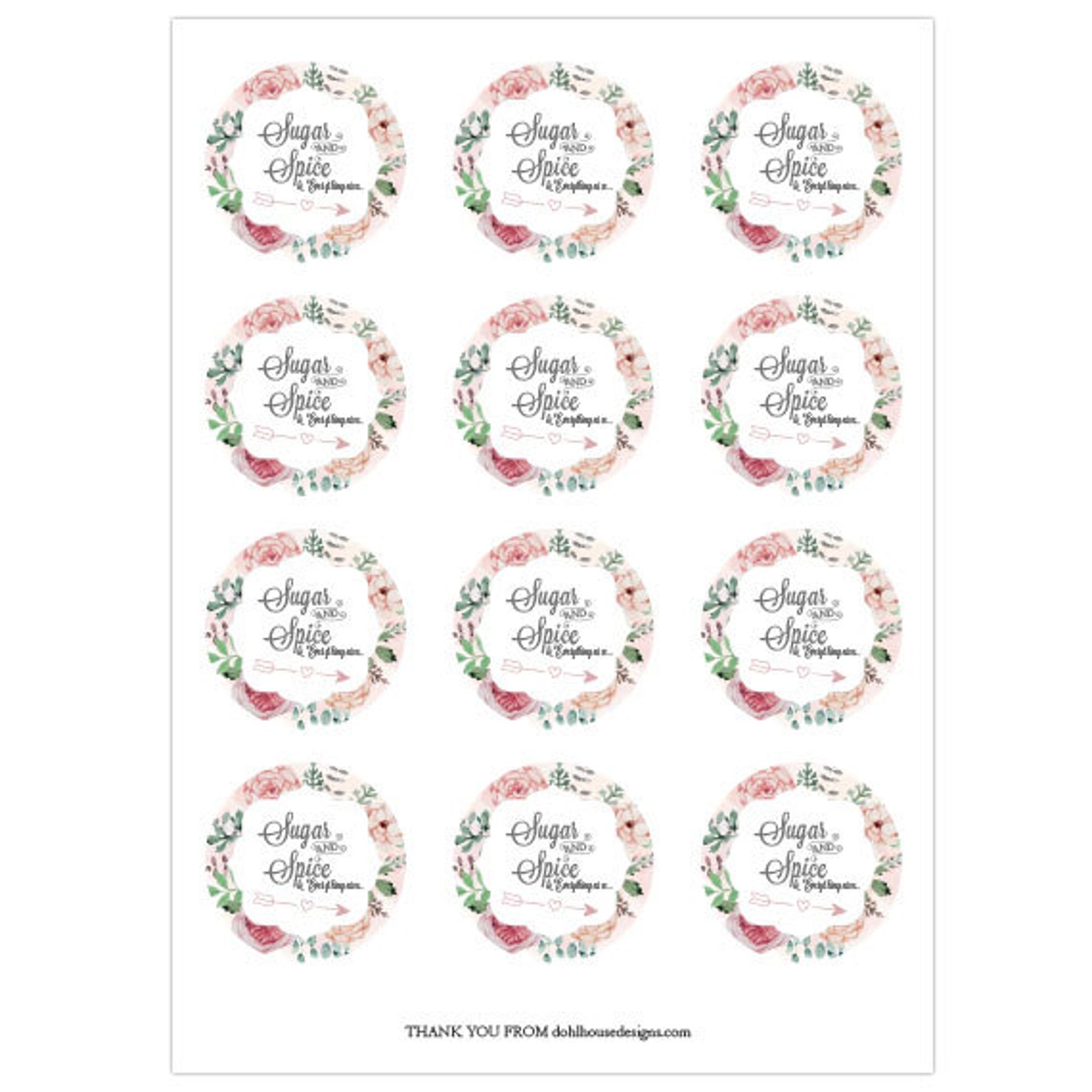 Circle Tags, Circle Toppers, Pink Floral 2in Circle, Sugar and Spice ...