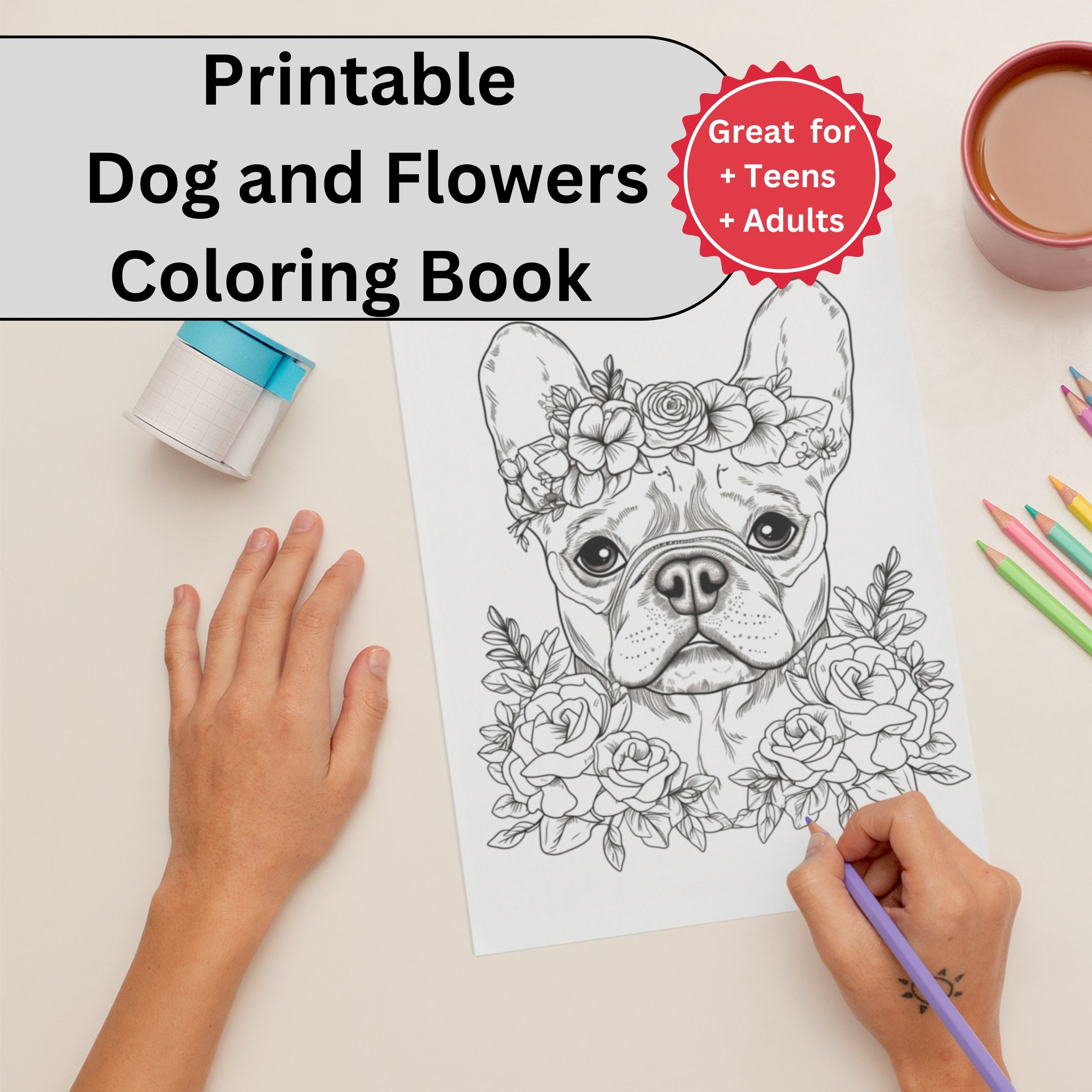 Beautiful Dog and Flowers Dogs Coloring Book for Stress and Anxiety ...