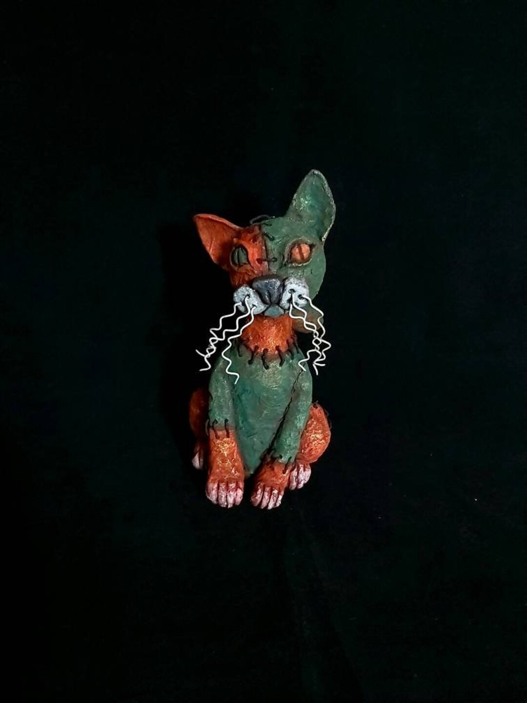 Franken-kitty Gothic Sculpture, Green Sitting Cat Sculpture, Creepy ...