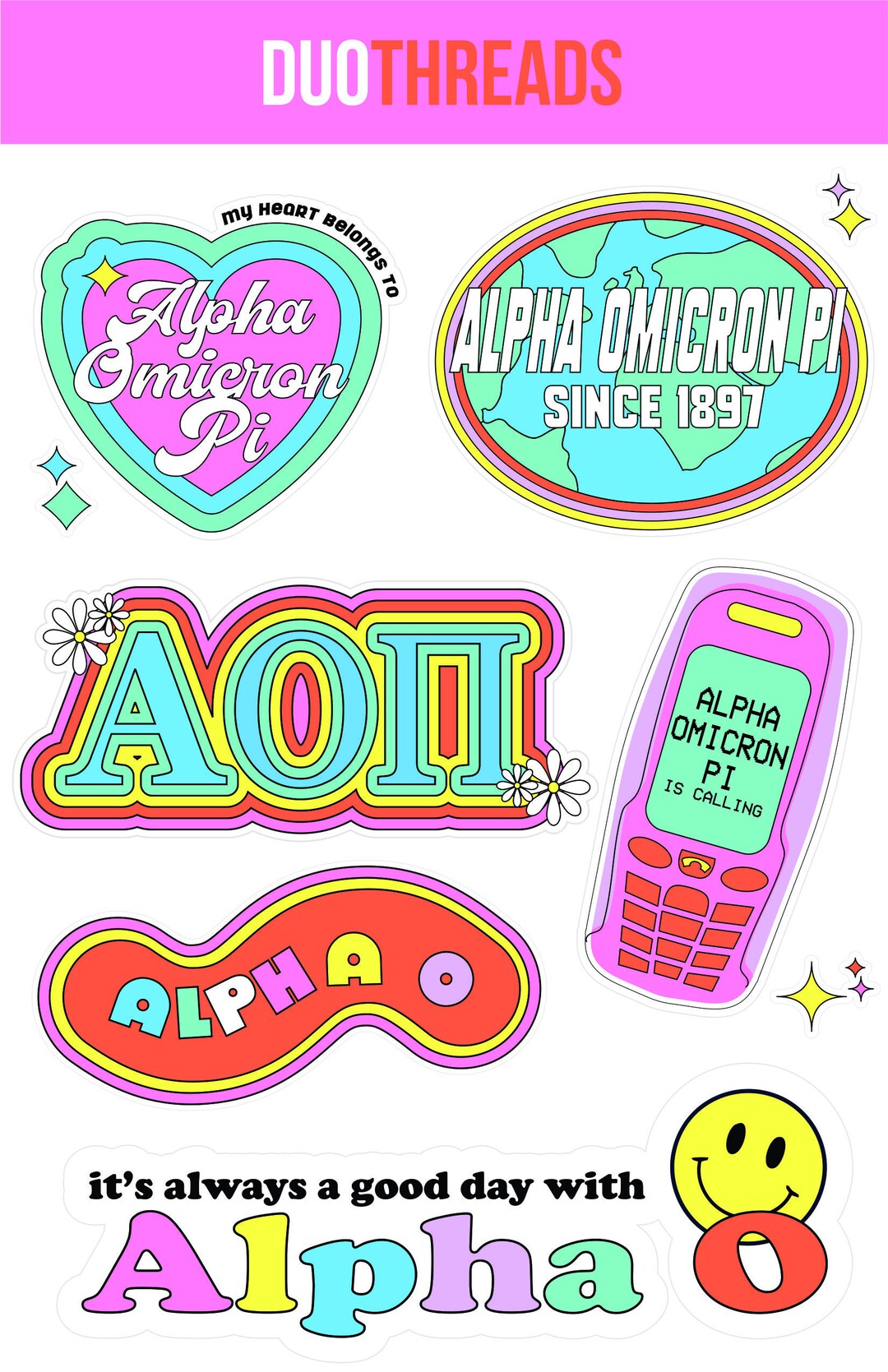 Alpha Omicron Pi Sorority Y2K Sticker Sheet / Sorority Gift / Dorm Room ...