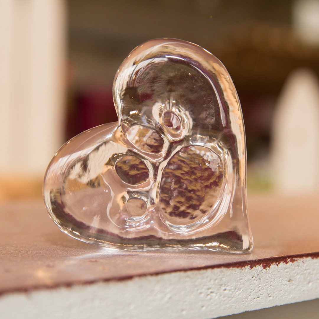Glass Heart With Paw Print, Glass Pet Memorial, Glass Heart Paperweight ...