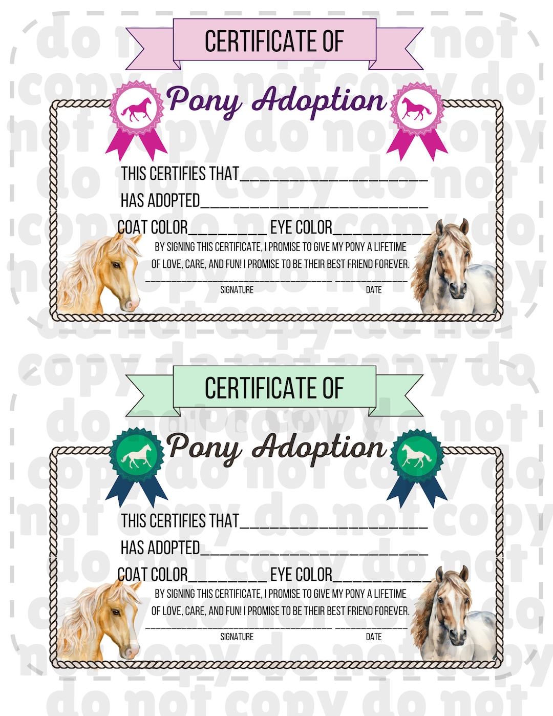 Pony Adoption Certificate – Pink & Blue Party Kit (digital File) - Etsy