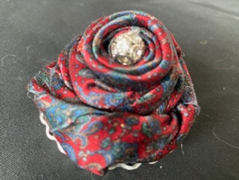 The Rosette Pin Cushion is Made From a Vintage Tin and Man’s Tie Made Into a Rosette Embellished ...