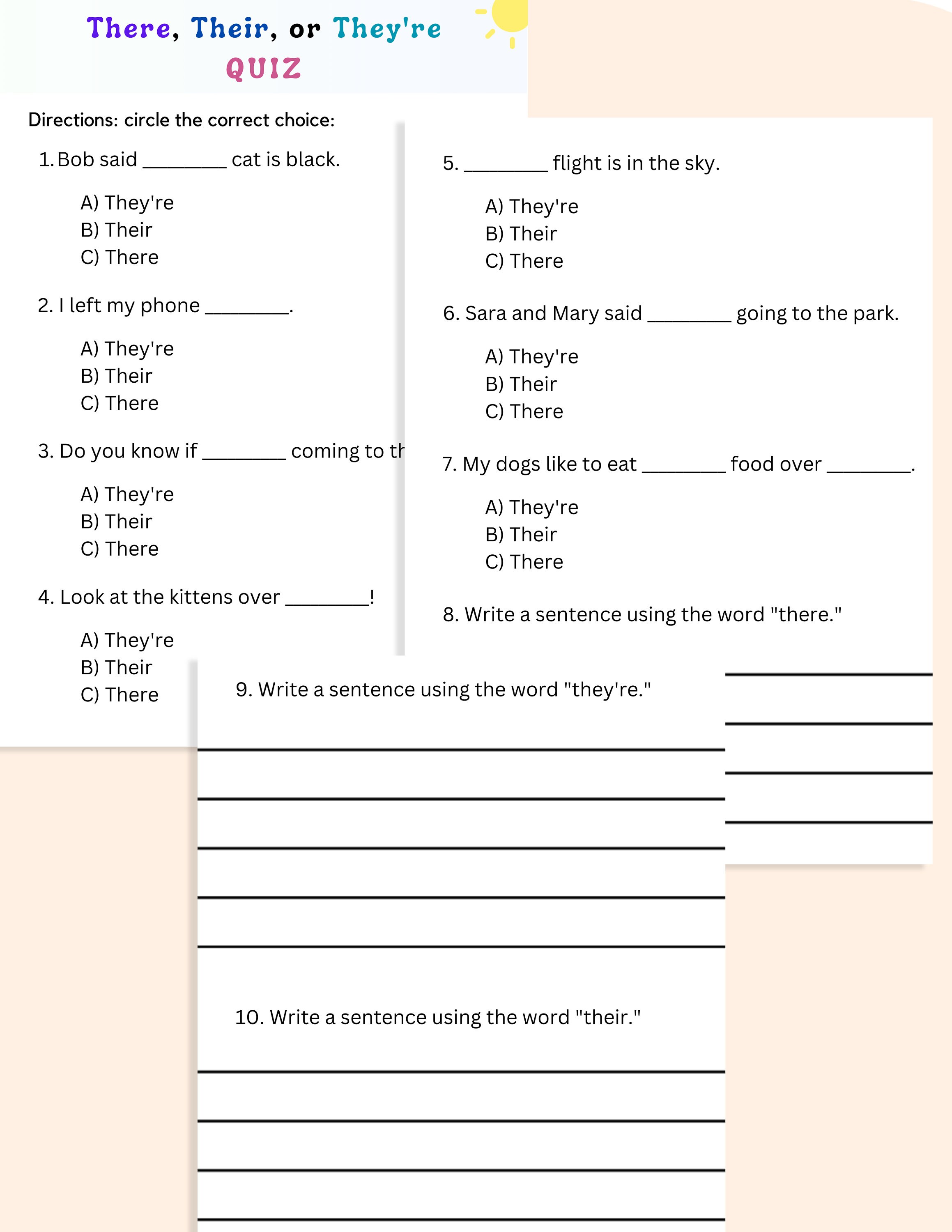 Homophones: They're Their or There Quiz 3rd-5th Grades - Etsy