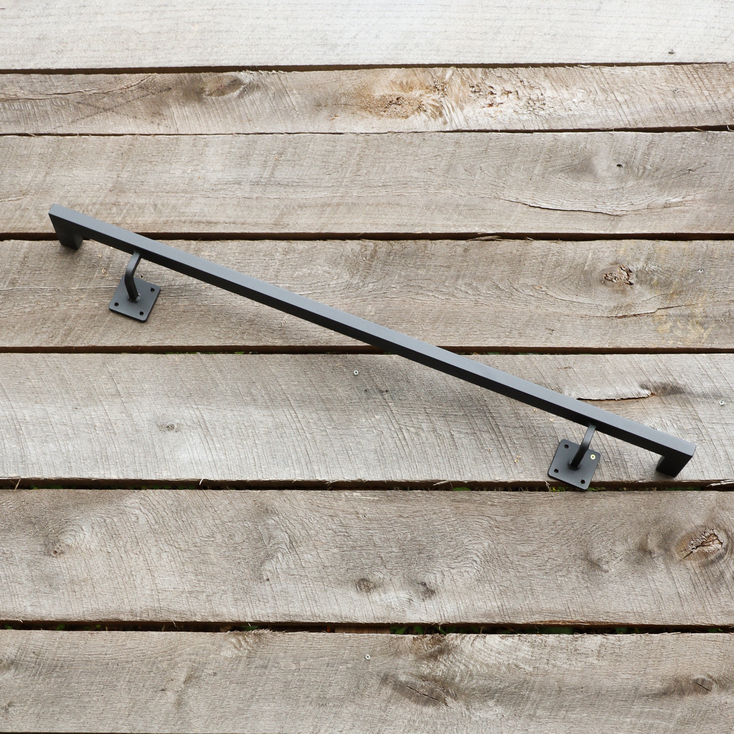 Square Metal Handrail - ADA Compliant Return, Rustic Stair Rail Wall ...