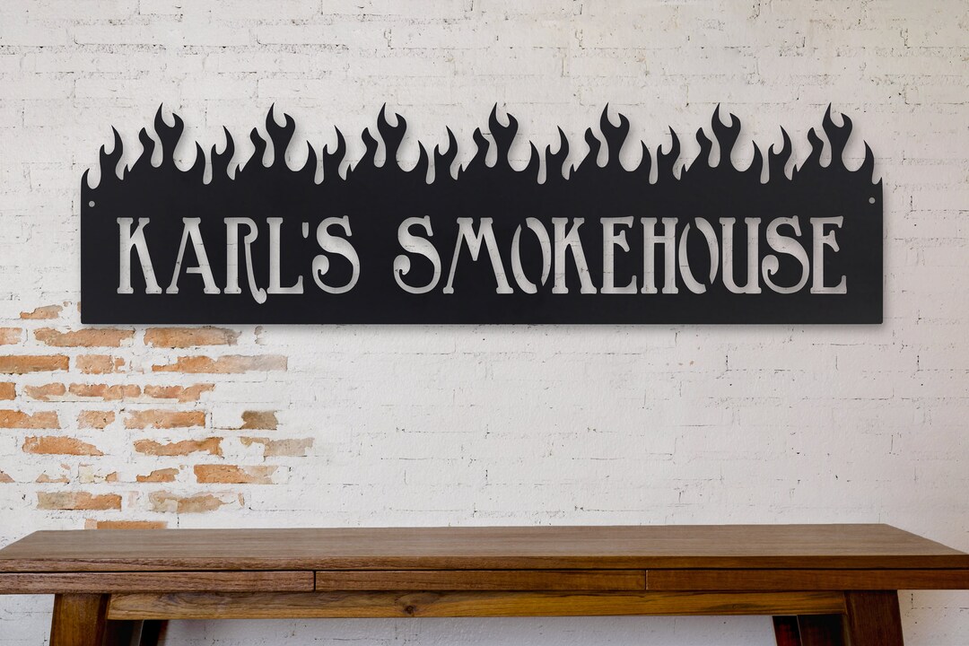 Custom Smokehouse BBQ Metal Sign - Personalized Flaming Grill ...