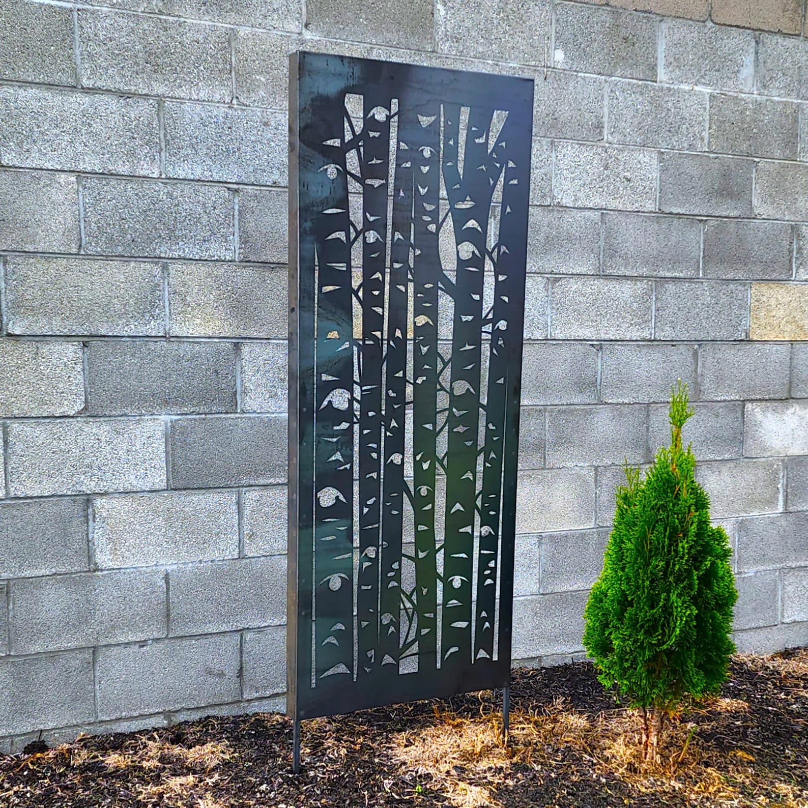 Outdoor Metal Privacy Panel – Birch Tree Garden Screen With Ground ...