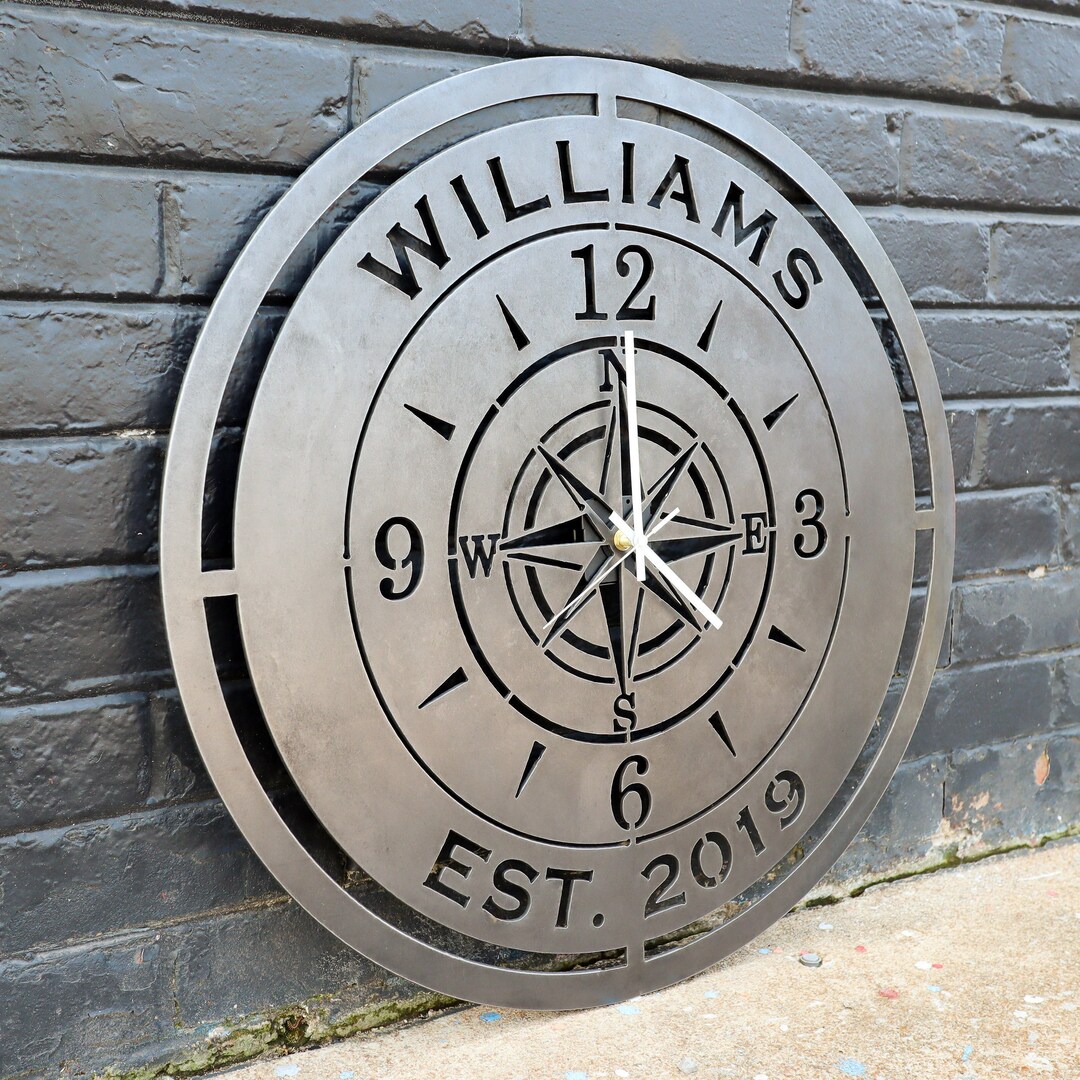 Personalized Compass Rose Metal Clock Modern Nautical Home Decor Custom ...