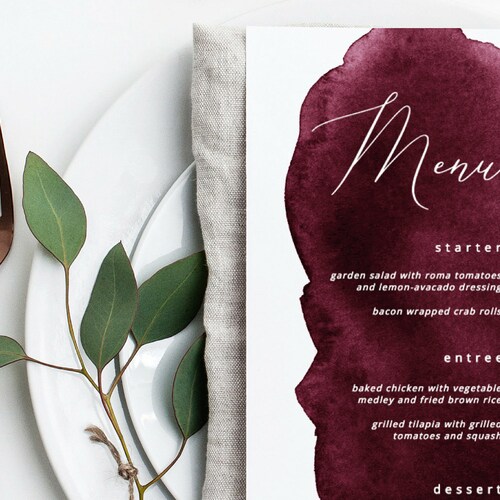 Burgundy Menu INSTANT DOWNLOAD Watercolor Dinner Wedding - Etsy