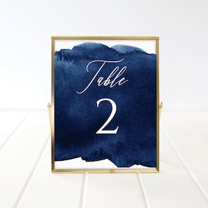 Navy Blue Table Numbers Template, Watercolor Modern Table Cards, Table ...