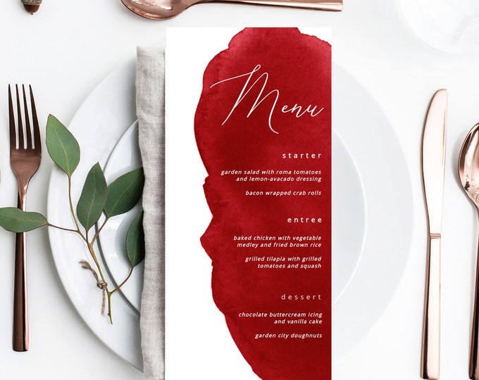 Red Watercolor Printable Menu, Banquet Printable Menu Cards, Dinner ...