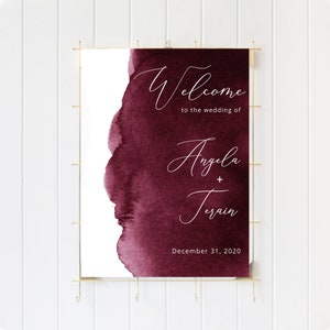 Burgundy Welcome Sign Printable, Merlot Watercolor Welcome Sign ...