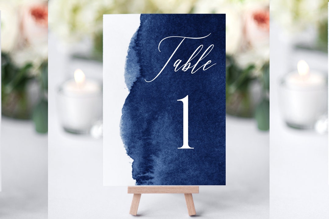 Navy Blue Table Numbers Template, Watercolor Modern Table Cards, Table ...