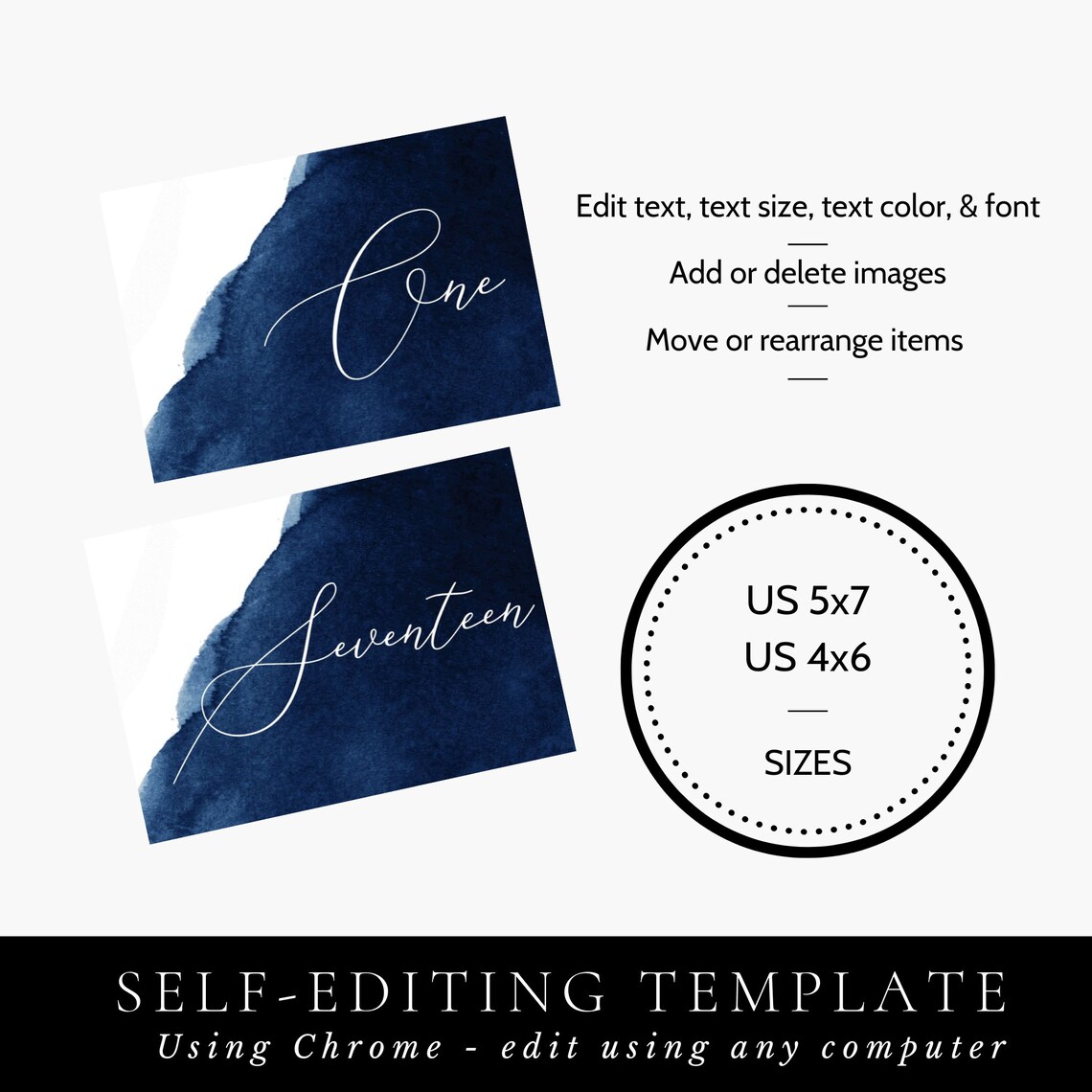 Navy Blue Table Numbers Template Watercolor Modern Table | Etsy