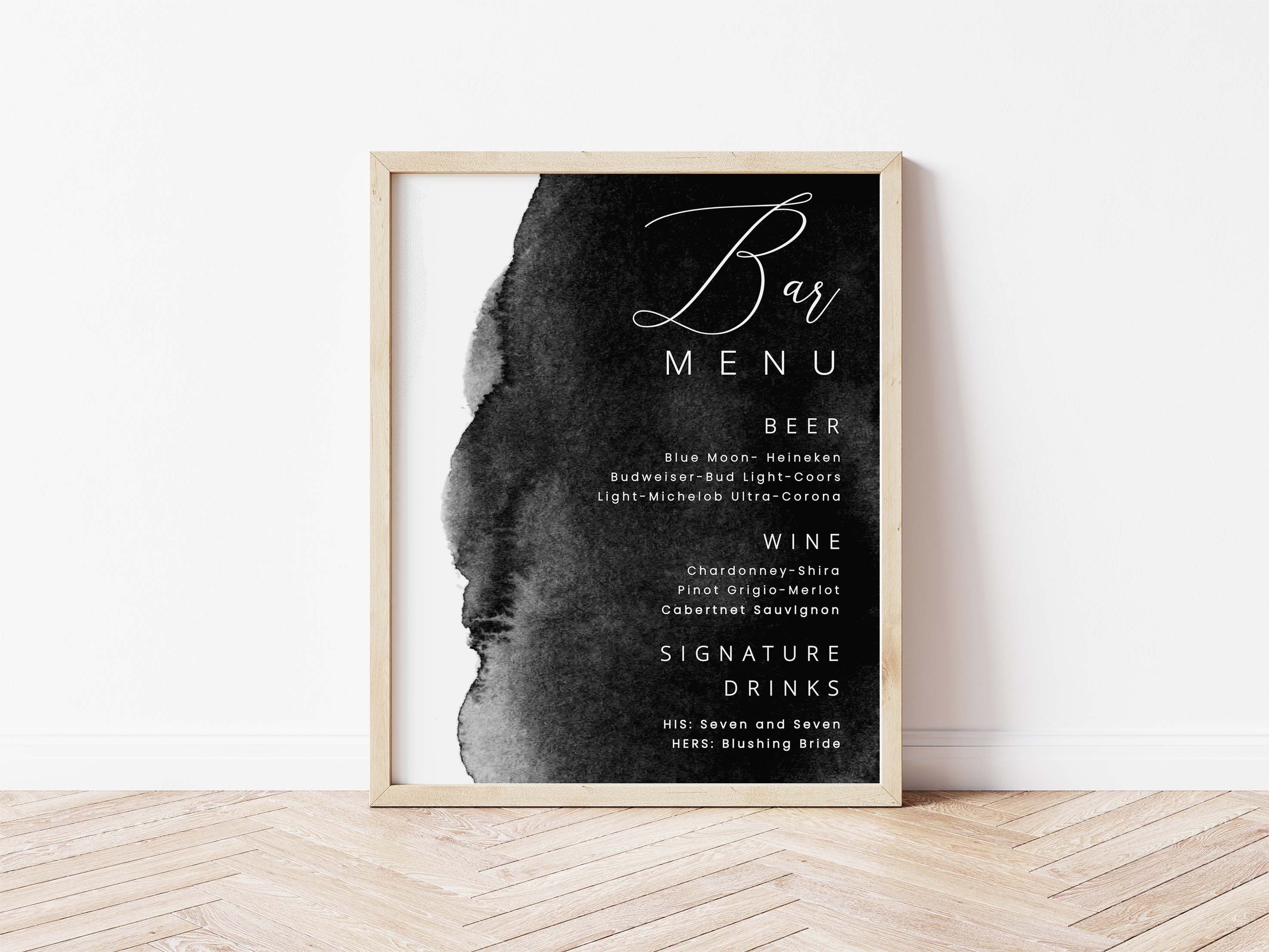 Black Watercolor Bar Menu Bar Sign Printable Drink Menu Bar | Etsy