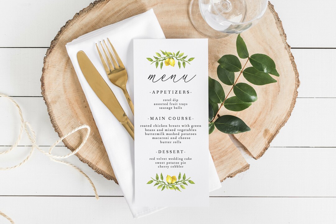 Lemon Wedding Menu Printable, Citrus Wedding Menu Card, Italy Menu ...