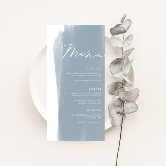 Modern Menu Cards Dusty Blue Wedding Menu Minimalist Menu Template ...