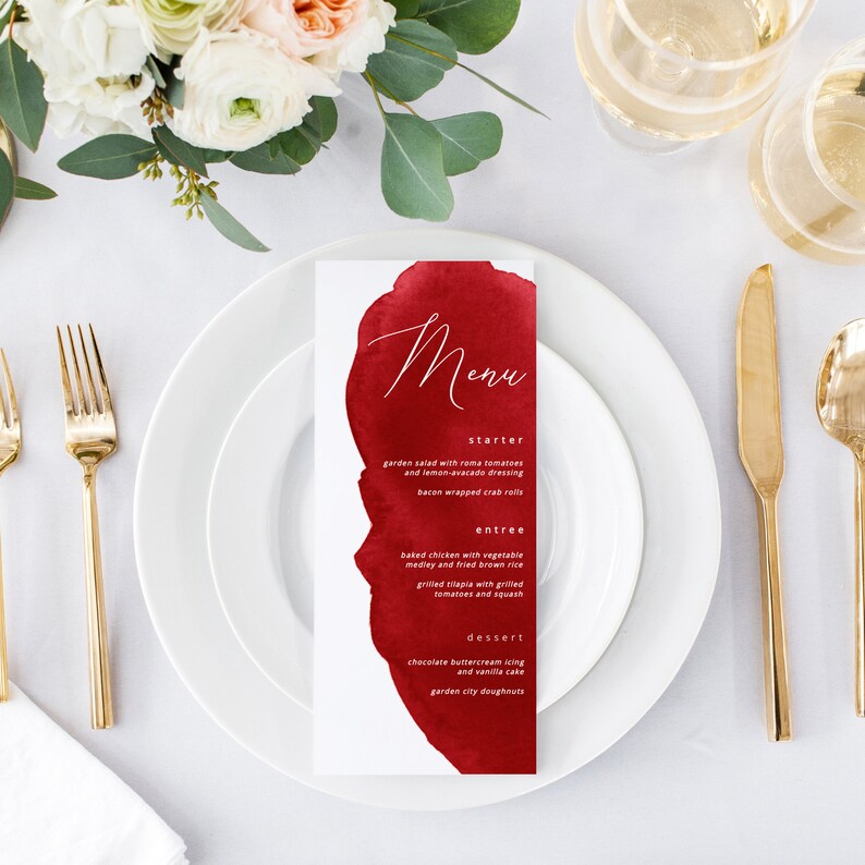 Red Watercolor Printable Menu Banquet Printable Menu Cards | Etsy