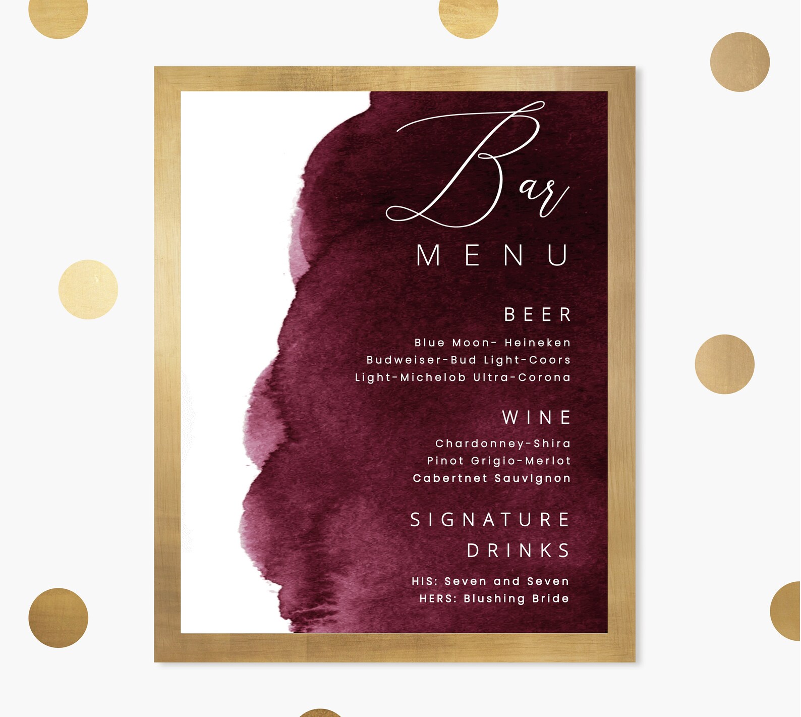 Burgundy Watercolor Bar Menu Bar Sign Printable Drink Menu - Etsy