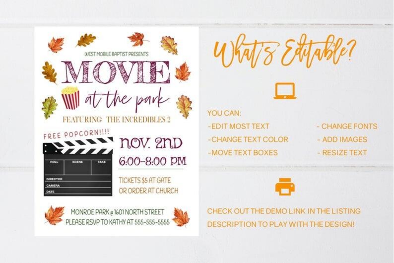 Family Movie Night Flyer Drive in Movie Editable Template | Etsy