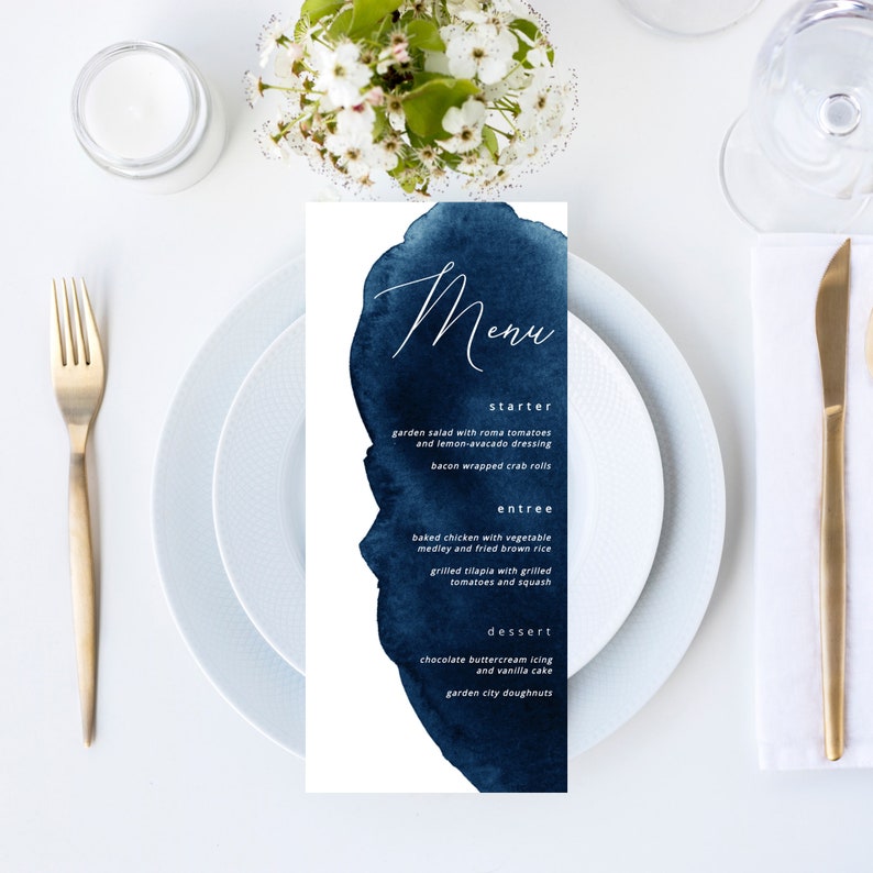 Navy Blue Printable Menu Watercolor Printable Menu Cards | Etsy