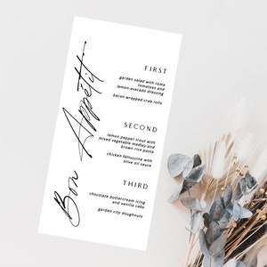 Bon Appetit Minimalist Menu Card, Printable Modern Dinner Card for ...