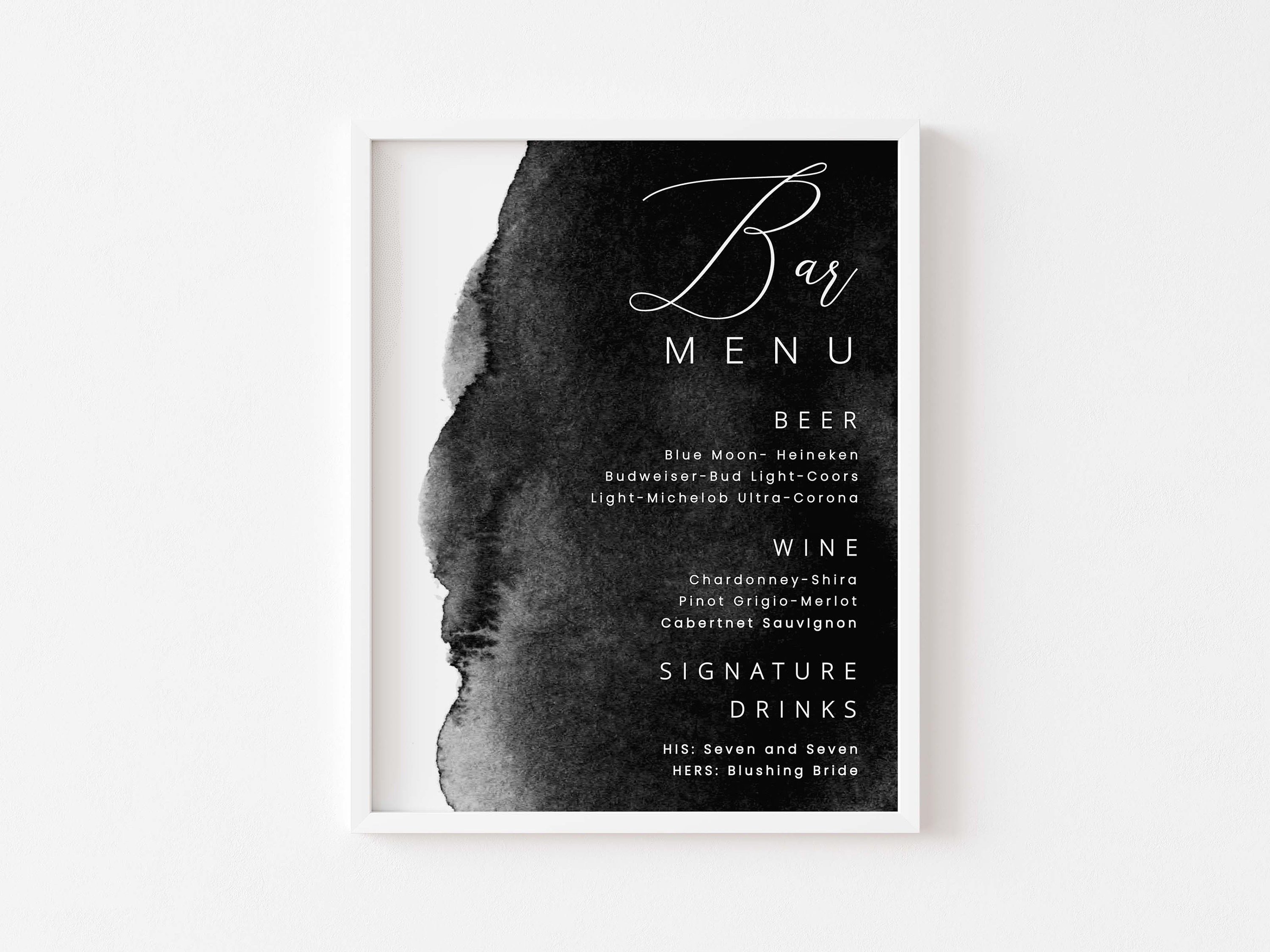 Black Watercolor Bar Menu Bar Sign Printable Drink Menu Bar | Etsy