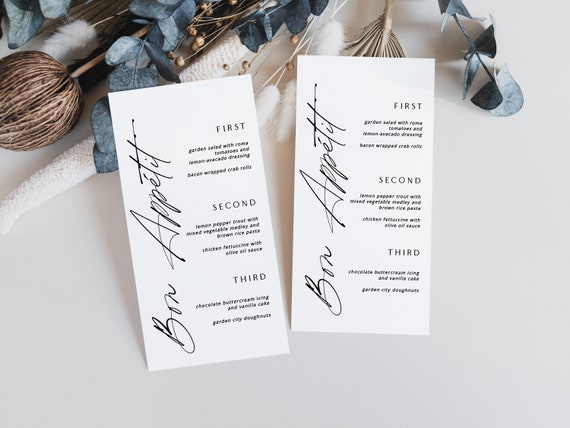 Bon Appetit Minimalist Menu Card Printable Modern Dinner Card - Etsy