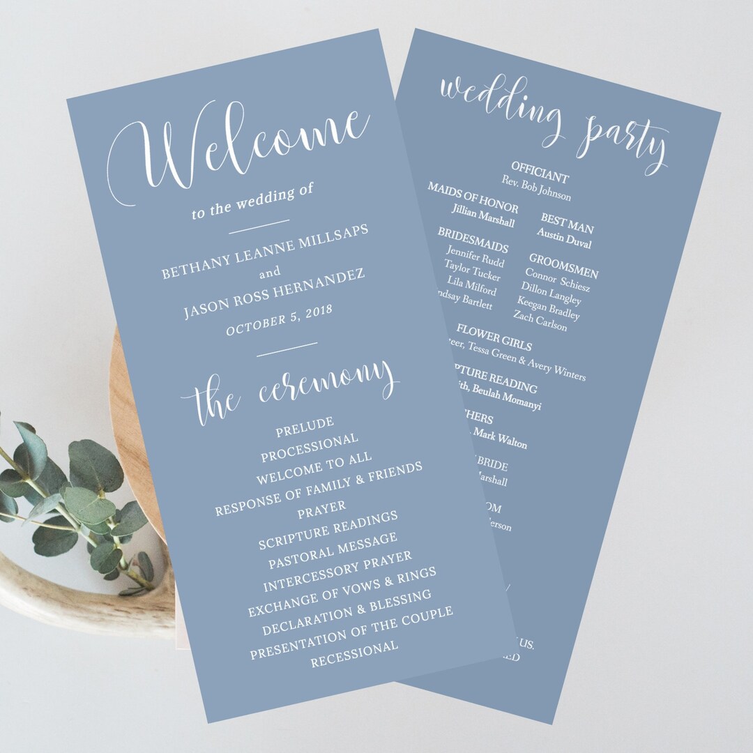 Dusty Blue Wedding Program Template, Blue Printable Order of Service ...