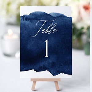 Navy Blue Table Numbers Template, Watercolor Modern Table Cards, Table ...