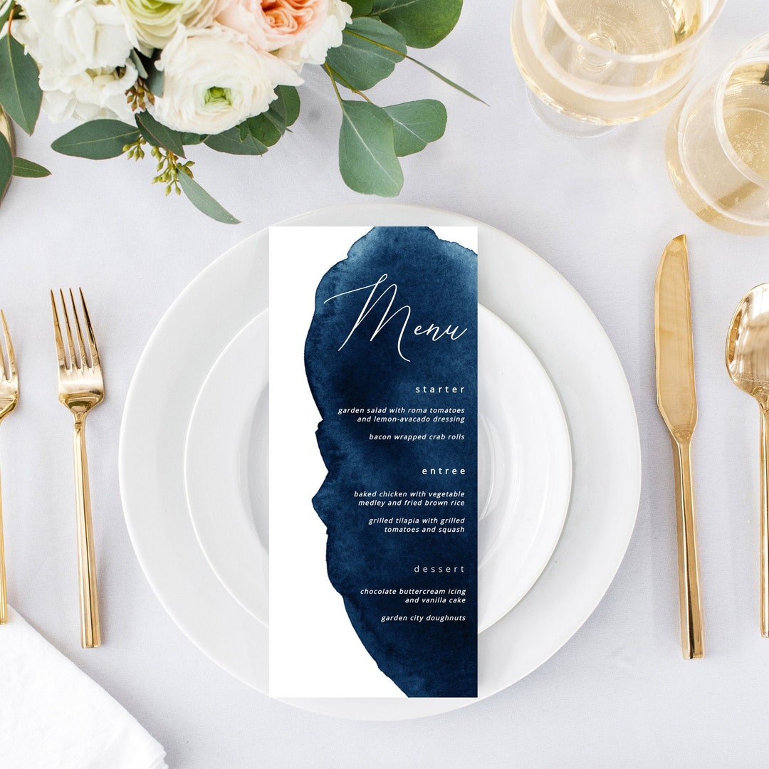 Navy Blue Printable Menu, Watercolor Printable Menu Cards, Menu ...