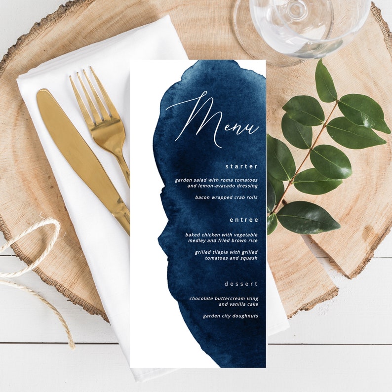 Navy Blue Printable Menu Watercolor Printable Menu Cards | Etsy