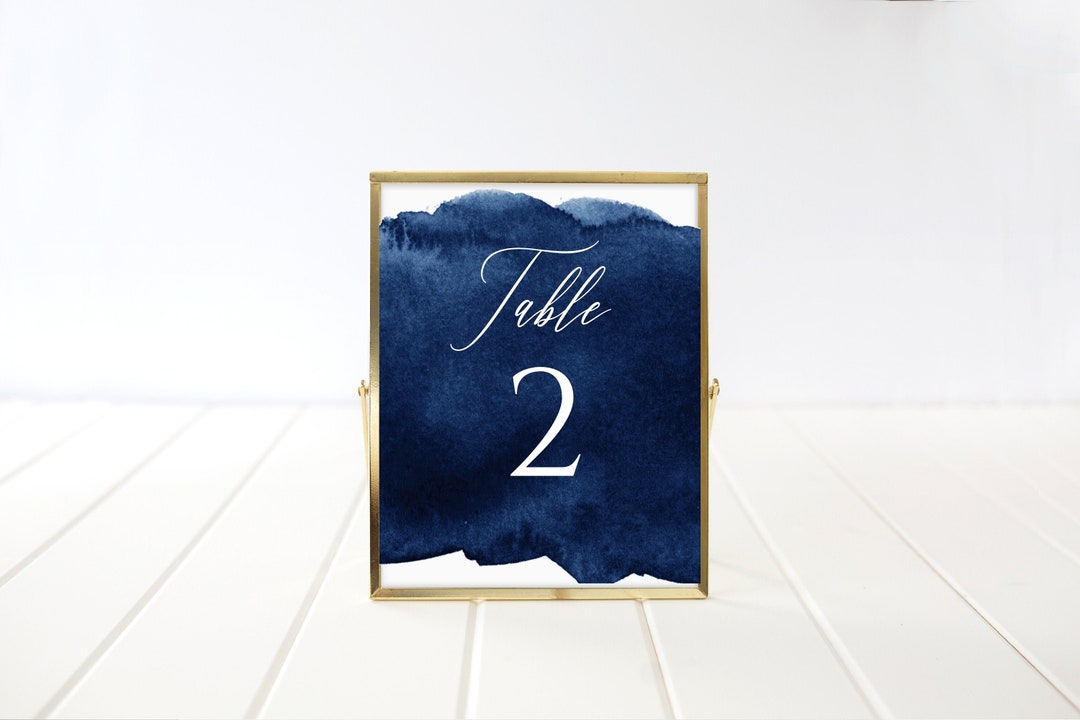 Navy Blue Table Numbers Template, Watercolor Modern Table Cards, Table ...