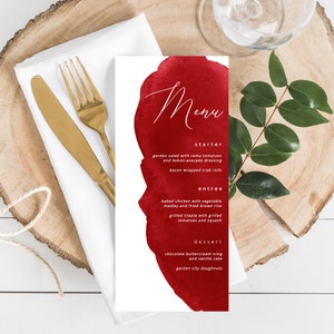 Red Watercolor Printable Menu, Banquet Printable Menu Cards, Dinner ...