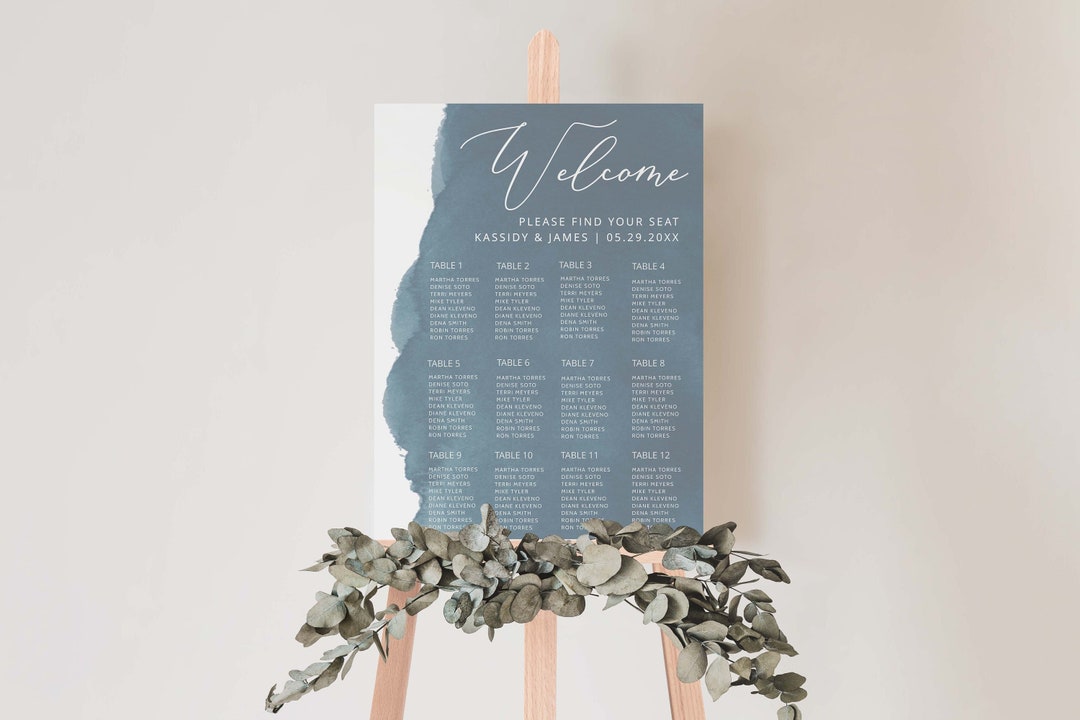 Dusty Blue Seating Chart Template, Wedding Seating Plan, Editable ...