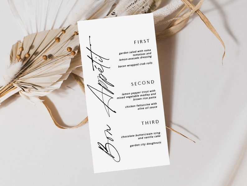 Bon Appetit Minimalist Menu Card Printable Modern Dinner Card - Etsy