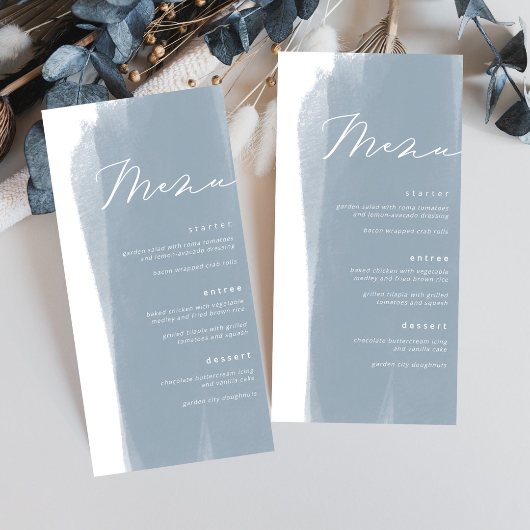 Dusty Blue Menu Card for Wedding, Printable Wedding Menu Template With ...