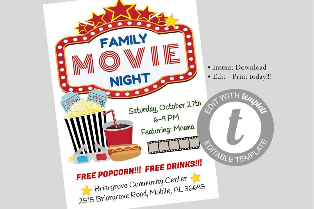 Family Movie Night Flyer, Drive in Movie Editable Template, Instant ...