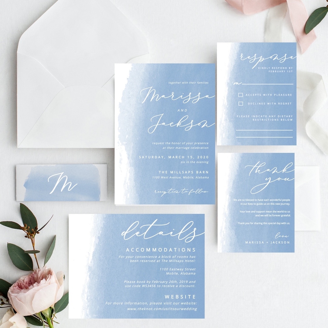 Blue Watercolor Wedding Invitations, Modern French Blue Invite ...