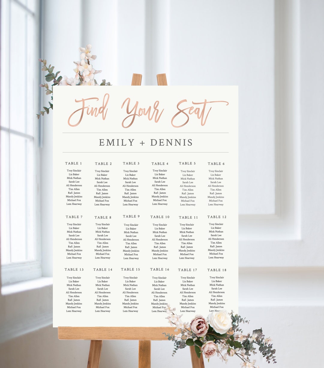 Rose Gold Seating Chart Template, Seating Chart Wedding, Editable ...