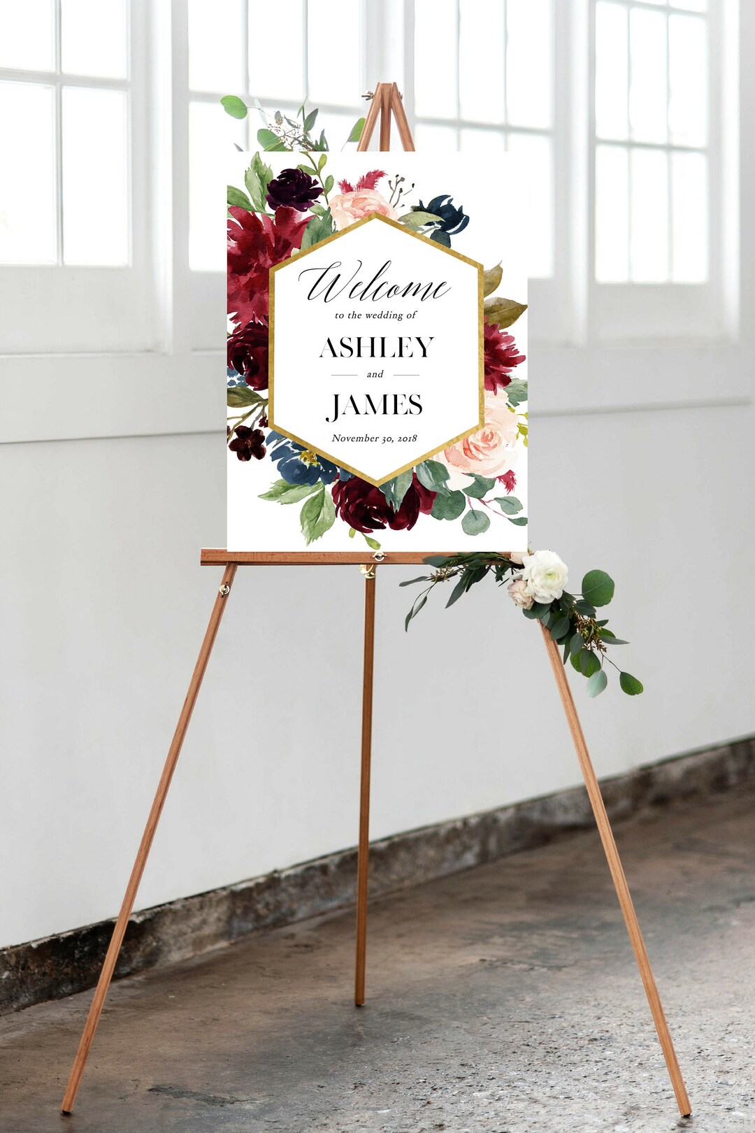 Burgundy Welcome Sign Printable Floral Welcome Wedding Sign - Etsy
